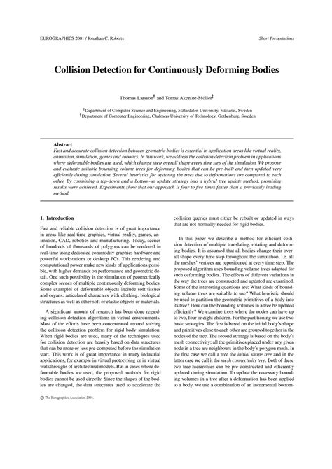 Collision Detection For Continuously Deforming Bodies Eurographics 2001 Jonathan C Roberts