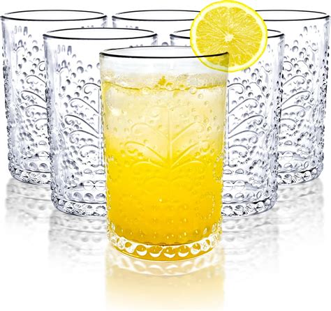 Cididu Set Of 6 Textured Drinking Glasses 12 Oz Embossed