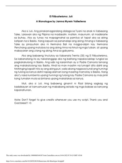 El Filibusterismo Juli Monologue Script Pdf Pdf