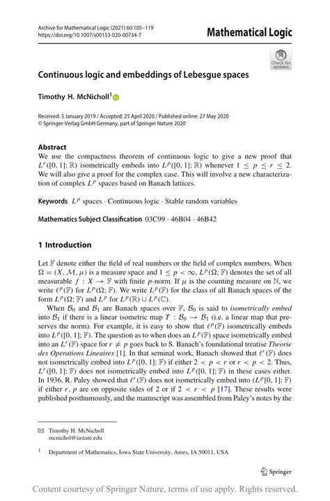 Continuous Logic And Embeddings Of Lebesgue Spaces Request Pdf