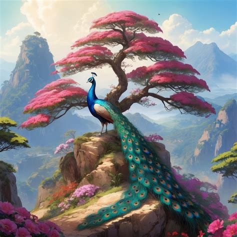 Colorful Volumetric Peacock Bird Stucco Molding On A Concrete Wall With