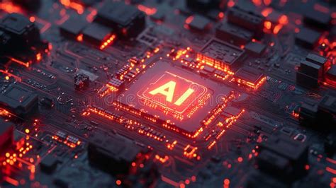 Futuristic Ai Microchip Glowing Red On Circuit Board Stock Image