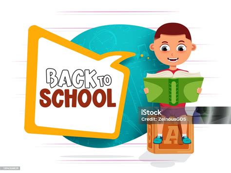 학교 벡터 컨셉 디자인으로 돌아 가기 남자 아이가 책을 읽고 앉아있는 학교 텍스트로 돌아가서 교육 학습 친화적 인 디자인을위한