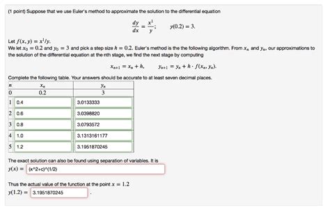 Solved 1 Point Suppose That We Use Euler S Method To Chegg Com