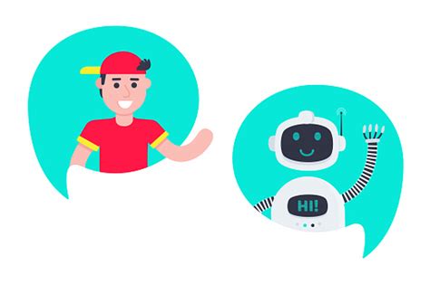 로봇 챗봇 헤드 아이콘 기호 음성 거품 이야기 와 소년 플랫 스타일 디자인 벡터 일러스트 레이션 흰색 배경에 격리 귀여운 Ai