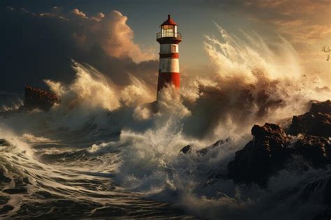 Premium Ai Image Coastal Lighthouse With Crashing Waves Generative Ai