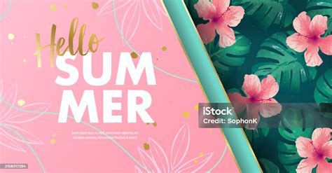 안녕하세요 여름 배너 템플릿 열대 꽃과 나뭇잎 종이 컷 스타일의 화려한 분홍색 배경에 있습니다 벡터 일러스트 레이 션 0명에