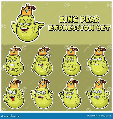Cartoon Mascot Of Pear Fuit Character With King And Expression Set Vector Illustration