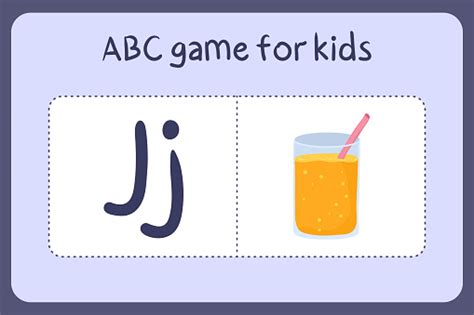 문자 J와 만화 스타일의 아이 알파벳 미니 게임 주스 게임 디자인에 대한 벡터 그림 잘라 재생합니다 과일과 야채 플래시 카드로