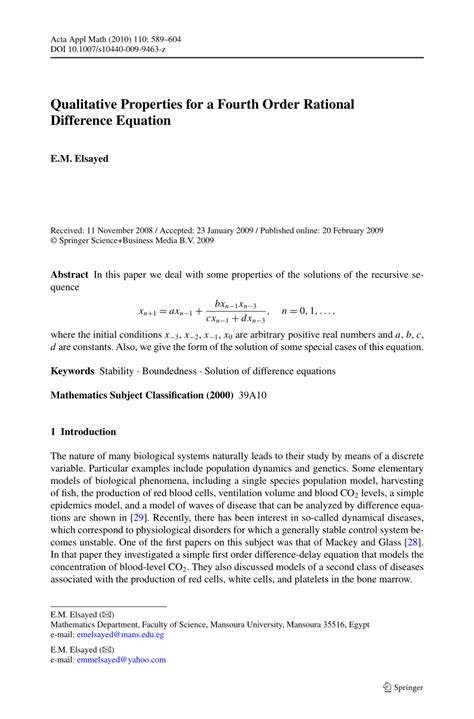 Pdf Qualitative Properties For A Fourth Order Rational Difference Equation