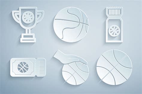 농구공 농구 게임 티켓 어워드 컵 아이콘으로 손을 설정합니다 벡터 3차원 형태에 대한 스톡 벡터 아트 및 기타 이미지 3차원 형태 가죽 개념 Istock