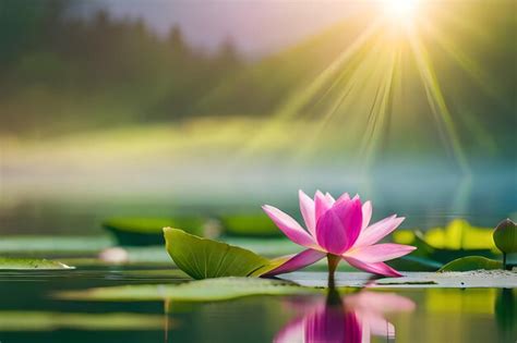 Premium Photo A Lotus Flower Is Floating In The Water With The Sun