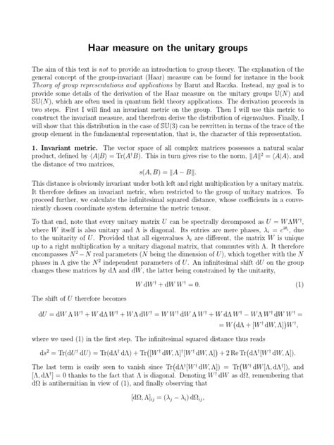 Haar Measure On The Unitary Groups Pdf Matrix Mathematics Metric Geometry