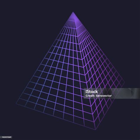 피라미드 그리드 그림 낮은 폴리 네온 기하학적 모양 와이어 프레임 관점 벡터 기하학 그림 홀로그램 3d 스타일의 고립된 다각형 수학 형태 피라미드 건축물에 대한 스톡 벡터