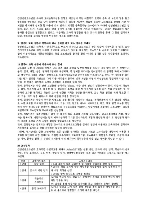 전신 반응 교수법 침묵식 교수법 협동 교수법 암시 교수법 중 하나를 한국어 교육 상황에 적용하여 교수 설계를 하고 교수 절차를 구체적으로 논하시오