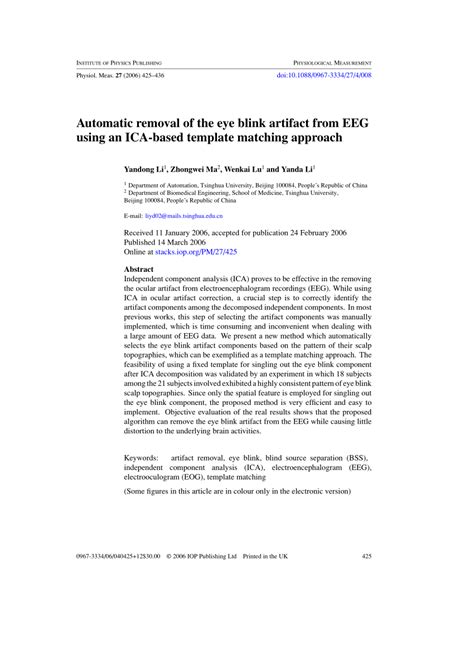 Pdf Automatic Removal Of The Eye Blink Artifact From Eeg Using An Ica