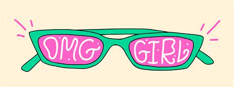 트렌디한 복고풍 만화 선글라스 여성스러운 1990년대 작품 Omg 소녀의 레터링 슬로건 밝은 색상 그래픽 티셔츠 스트리트웨어 포스터를 위한 귀여운 스티커 낙서 드로잉에 대한