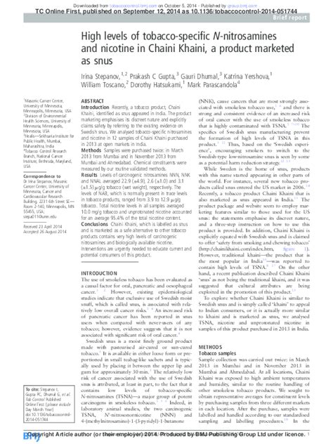 Pdf High Levels Of Tobacco Specific N Nitrosamines And Nicotine In Chaini Khaini A Product