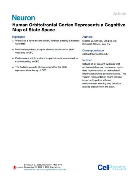 Pdf Human Orbitofrontal Cortex Represents A Cognitive Map Of Nschuck Docs Papers Schuck
