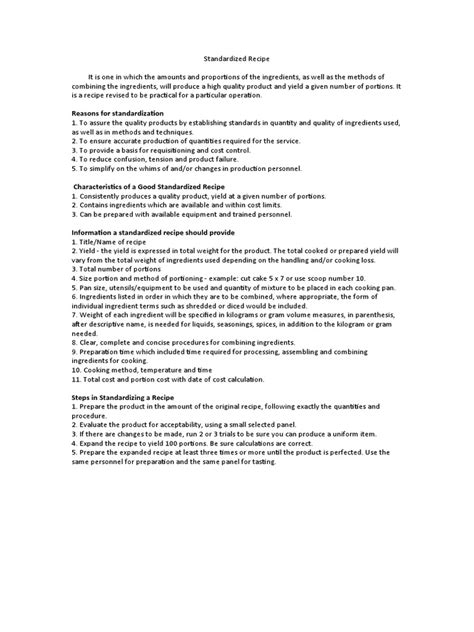 Standardized Recipe Notes Pdf Cooking Weight