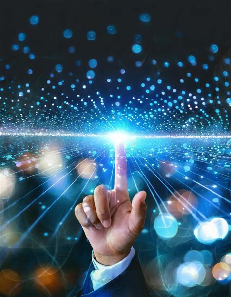 Hand Touches A Glowing Digital Network Against A Starry Backdrop Symbolizing Advanced