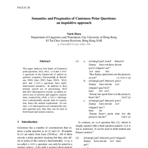 Semantics And Pragmatics Of Cantonese Polar Questions An Inquisitive Approach Acl Anthology