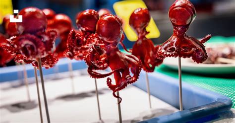 파란색 쟁반 위에 빨간 문어 막대 사탕이 한 줄로 놓여 있습니다 사진 Unsplash의 무료 막대기에 오징어 이미지