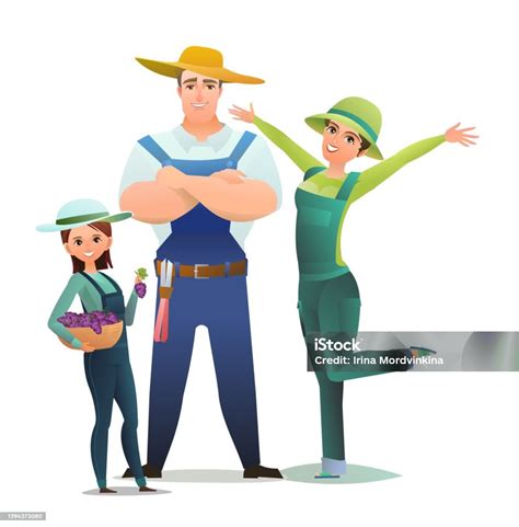 남자와 여자와 딸 마을 농부 작업복에 농업 노동자 쾌활한 사람 서있는 포즈 만화 만화 스타일 고립 된 흰색 배경 그림 벡터 가족에 대한 스톡 벡터 아트 및 기타 이미지