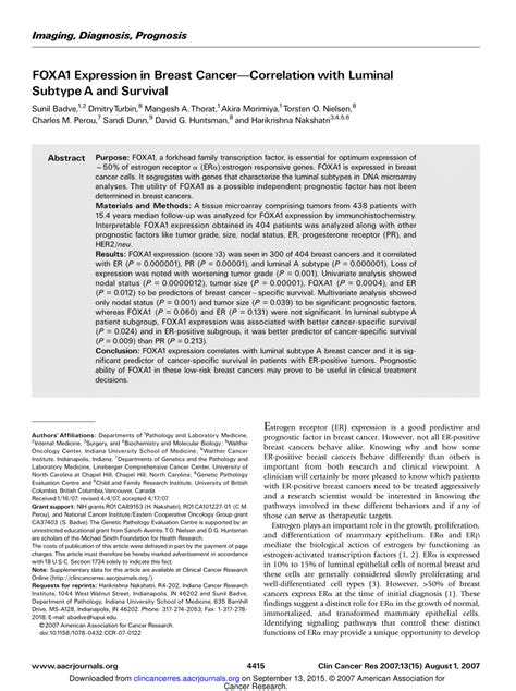 Pdf Foxa1 Expression In Breast Cancer Correlation With Luminal