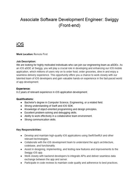 Swiggy Associate Software Engineer Role Pdf Software Development