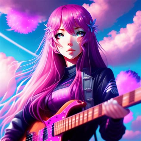 Ein Mädchen Mit Lila Haaren Spielt Gitarre Kostenlose Foto