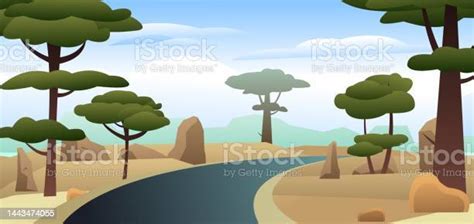 멀리 뻗어있는 아스팔트 도로가있는 풍경 사막을 통과하는 길 절벽 절벽과 아카시아 아프리카 수평선 너머의 여행 만화 재미있는 스타일 플랫 디자인 벡터 계절에 대한 스톡 벡터