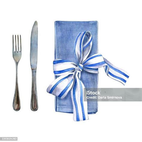 테이블 설정 파란색 냅킨의 수채화 그림 리본과 칼 붙이로 묶인 스트라이크가 달린 리본 엽서 요리법 메뉴 초대장 인사말 카드에 좋습니다 가정 생활에 대한 스톡 벡터 아트 및