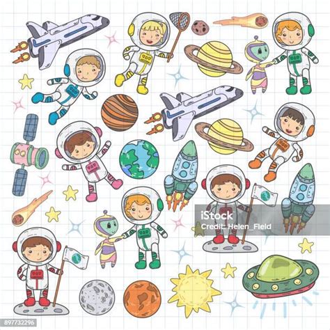 유치원 공간 천문학 수업 어린이 학교 아이 들 그림 Ufo 외계인 달 표면 지구 목성 토성 화성 벡터 낙서 아이콘 18 19세에 대한 스톡 벡터 아트 및 기타 이미지
