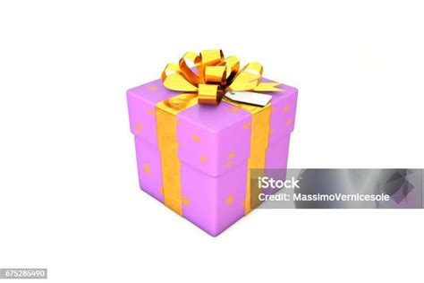 3 차원 일러스트 레이 션 보라색보라색 선물 박스와 스타 골든 금속 리본 빛 활 및 절연 흰색 배경에 태그 3차원 형태에 대한