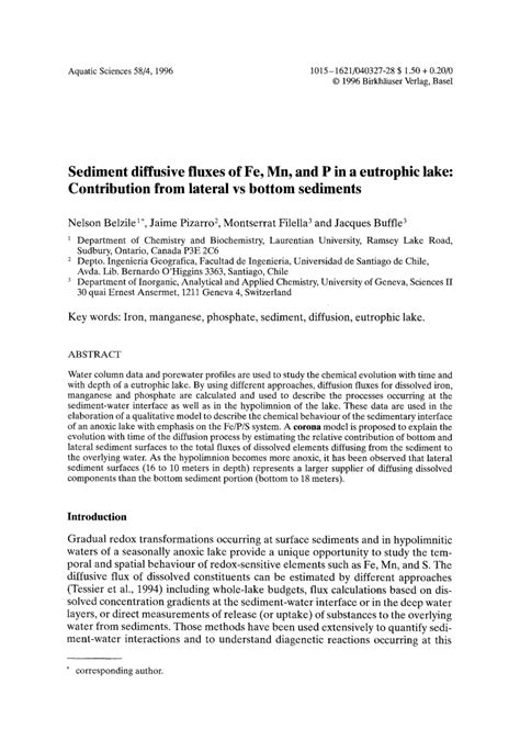 Pdf Sediment Diffusive Fluxes Of Fe Mn And P In A Eutrophic Lake