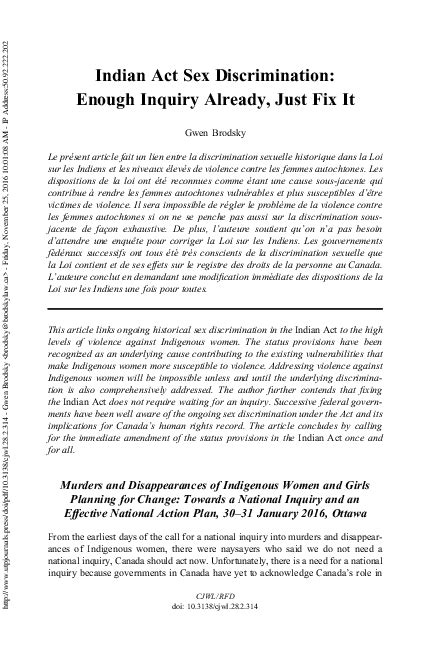 Pdf Indian Act Sex Discrimination Enough Inquiry Already Just Fix It