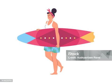서핑 보드 플랫 스타일 벡터 일러스트 레이 션으로 웃는 여자 길이에 대한 스톡 벡터 아트 및 기타 이미지 길이 등장인물 레저 활동 Istock
