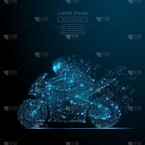 蓝色摩托车比赛低多边形效果 摩托车技术抽象矢量铁丝网几何形状运动