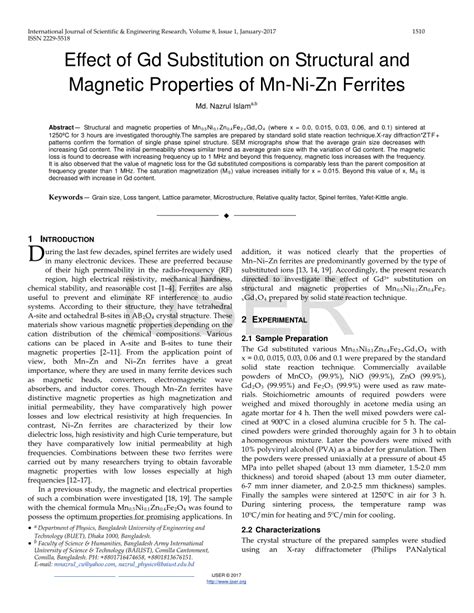 Pdf Effect Of Gd Substitution On Structural And Magnetic Properties Of Mn Ni Zn Ferrites