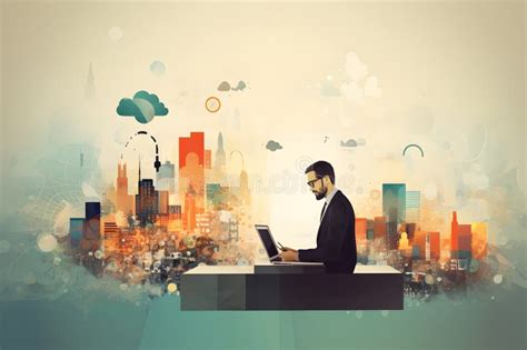 Man Sitting At Desk With Computer And Cup Of Coffee Generative Ai Stock Illustration