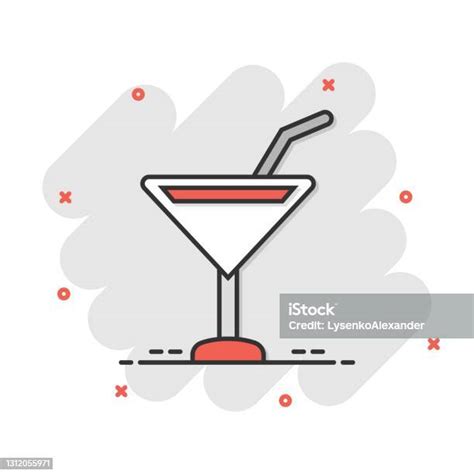 코믹 스타일의 알코올 칵테일 아이콘 흰색 고립 된 배경에 유리 벡터 만화 그림을 마셔 마티니 리퀴드 비즈니스 컨셉 스플래시 효과 건강한 식생활에 대한 스톡 벡터 아트 및