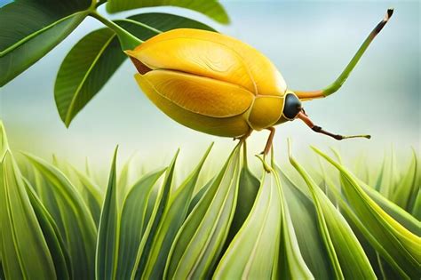 Premium Ai Image A Yellow Bug With A Black Tail Sits On A Leaf