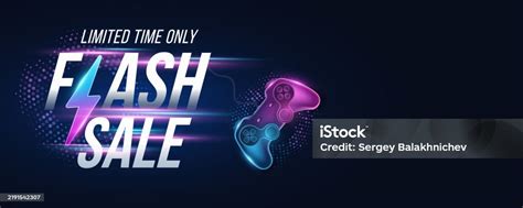 플래시 게임 판매 배너 디자인 쇼핑 포스터 또는 플래시 아이콘과 어두운 배경에 움직이는 레이저 빔이 있는 게임 패드가 있는 커버 벡터 일러스트 레이 션 Brand Name