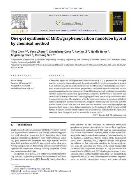 Pdf One Pot Synthesis Of Mno2 Graphene Carbon Nanotube Hybrid By