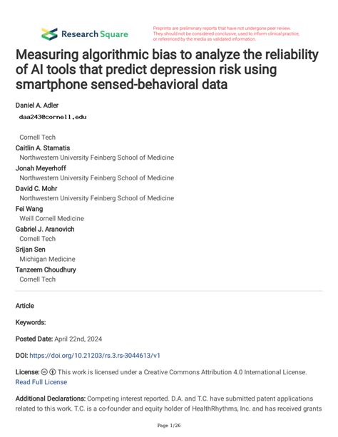 Pdf Measuring Algorithmic Bias To Analyze The Reliability Of Ai Tools That Predict Depression