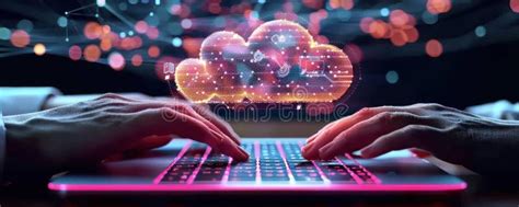 Hands Typing On A Laptop With Holographic Cloud Security And