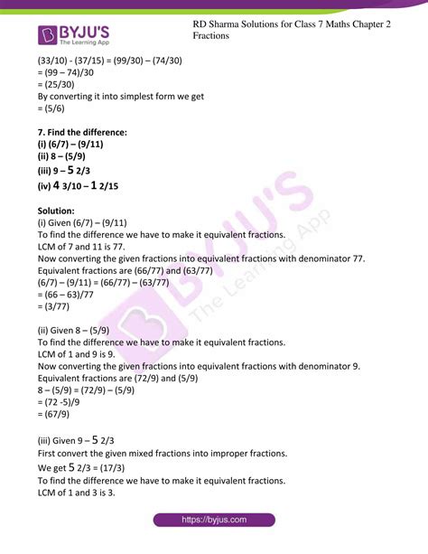 Rd Sharma Solutions For Class 7 Maths Chapter 2 Fractions Download