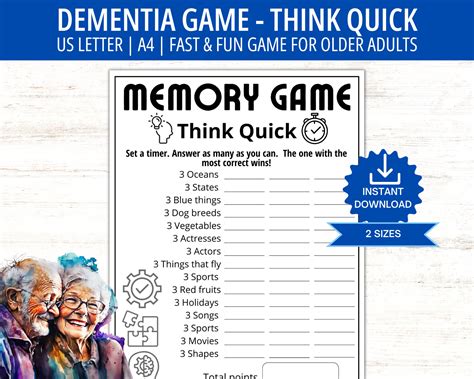 Think Quick Memory Care Game Elderly Game Dementia Games Ice Breaker