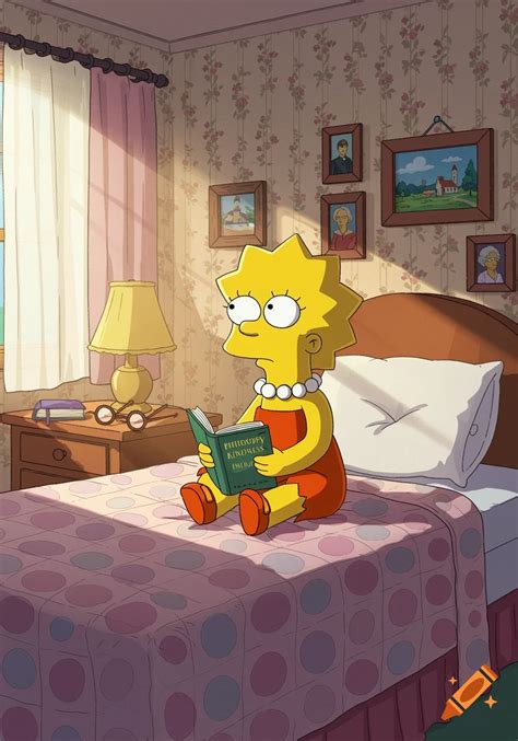 Cartoon Character Lisa Simpson Sits In Bed Reading A Book Sunlight